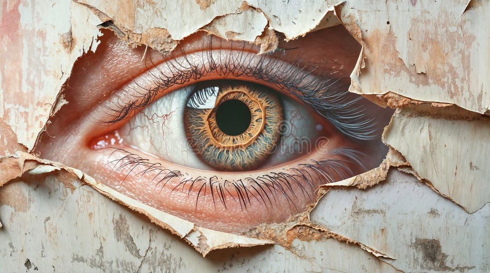 A Close-up of a Human Eye Peeking through a Torn and Distressed Poster ...
