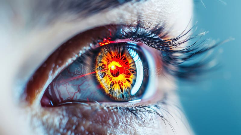 Close Up of Human Eye with Red Laser Beam, White Background, Space for ...