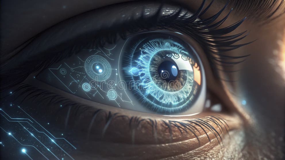 Close Up Human Eye Reflecting Augmented Reality Interface, Showcasing ...