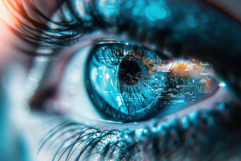 Close-up of a Human Eye with Reflections of Digital Data and Technology ...