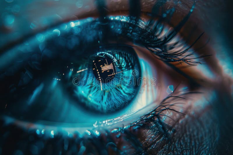 Close-up of a Human Eye with Reflections of Digital Data and Technology ...