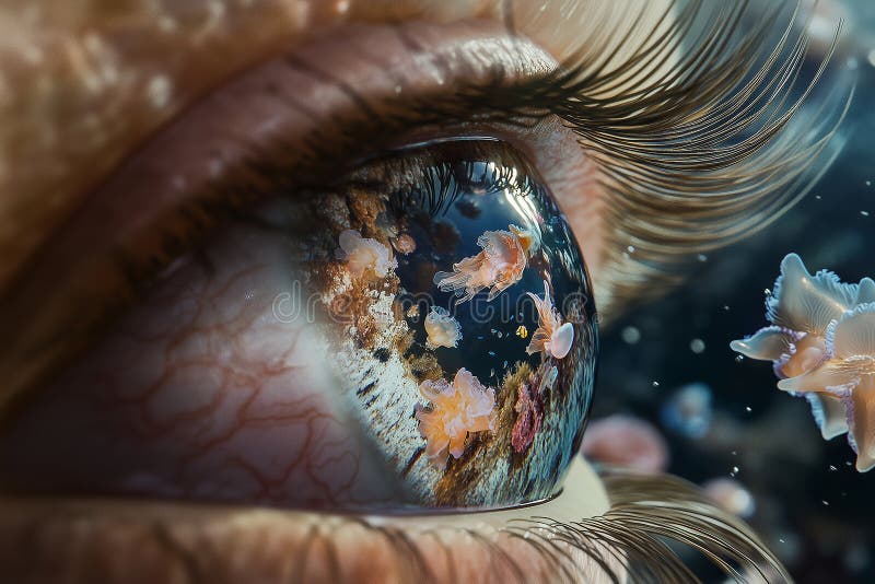 A Close-up of a Human Eye with Reflections of Sea Creatures, Stock ...