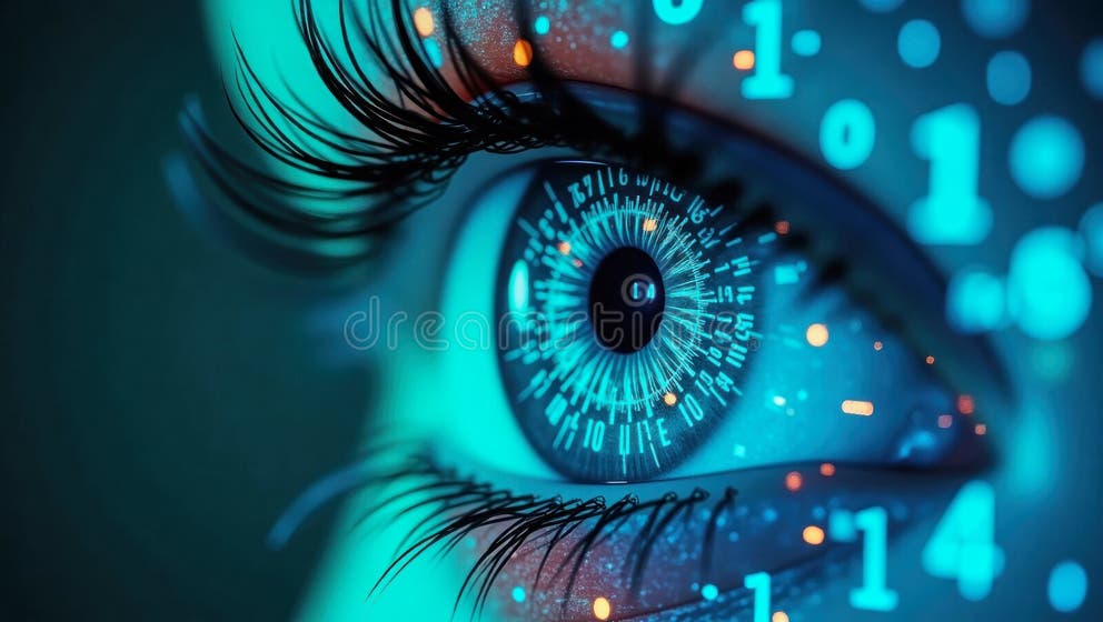 Eye Reflecting Digital Binary Code in a Futuristic Setting with Blue ...