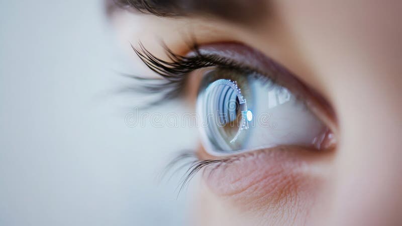 Close-up View of a Human Eye Reflecting Digital Elements and Light in a ...