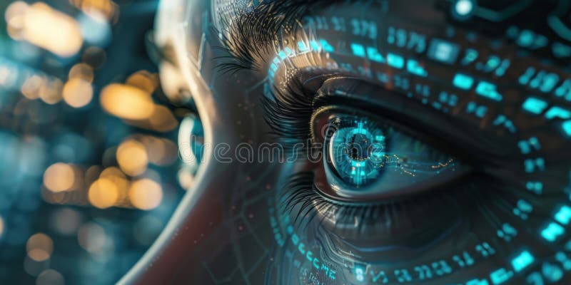 A Close-up Human Eye Showcases Intricate Digital Patterns and Glowing ...