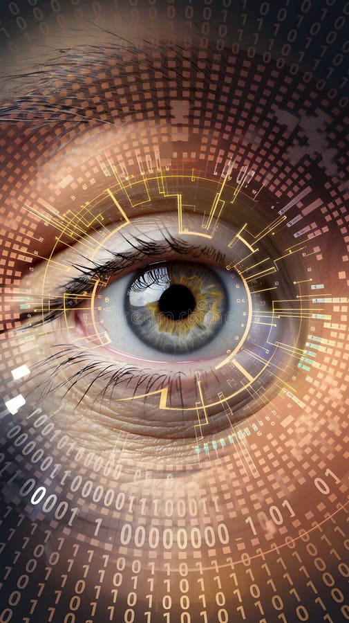 Human Eye Surrounded by Glowing Digital Patterns and Colorful Binary ...