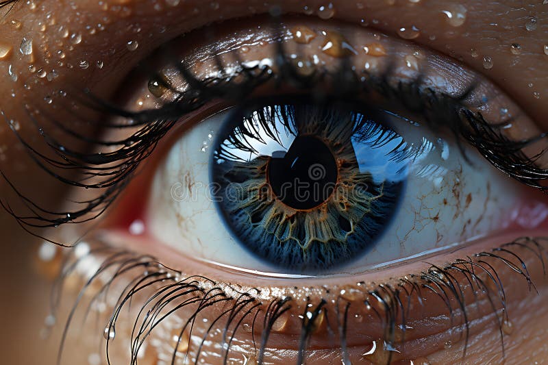 Close Up of Human Eye with Water Drops. 3D Illustration Stock ...
