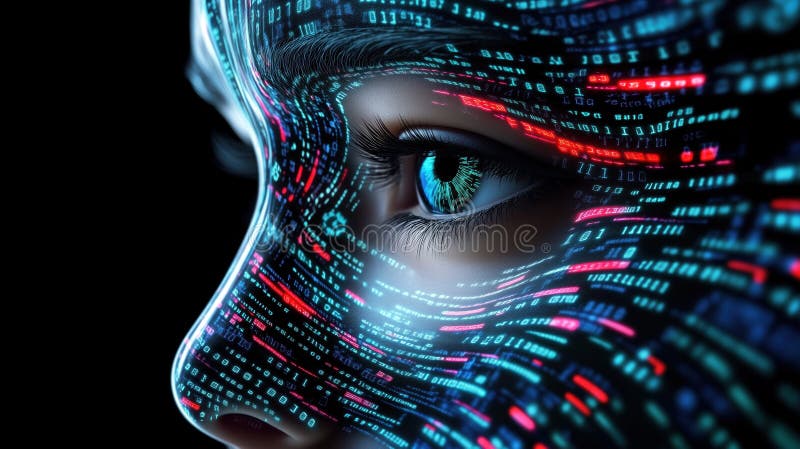 A Close-up of a Human Face with Digital Code Patterns Flowing Across it ...
