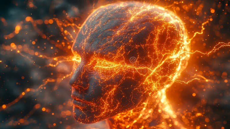 Close-up of a Human Face Surrounded by Glowing Electric Currents and ...