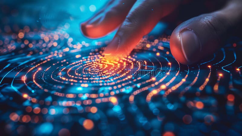 Close-up of a Human Finger Touching a Glowing Fingerprint Sensor on a ...