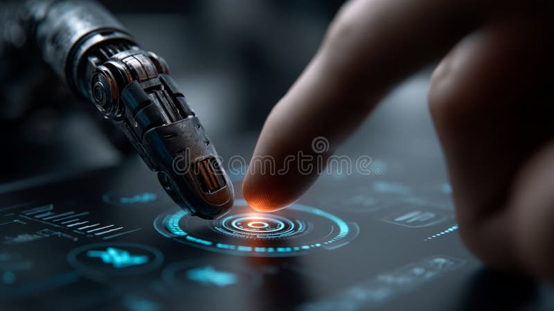 Close Up of Human Fingertip and Robotic Finger Interacting with Digital ...