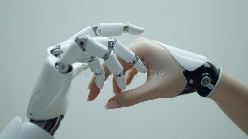 Close-up of a Human Hand Gently Touching a Robotic Hand, Representing ...