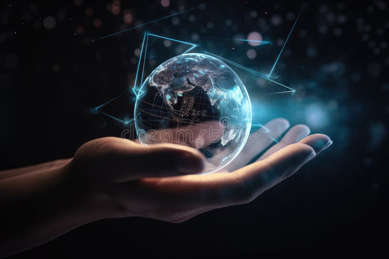 Close Up of Human Hand Holding Glowing Earth Globe. 3D Rendering, AI ...