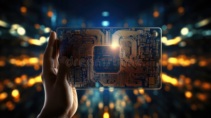 Close Up of Human Hand Holding Tablet Pc with Circuit Board. Digital ...