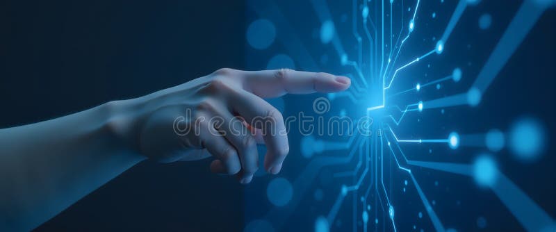 Hand Interacting Glowing Blue Circuit Board Technology Background Stock ...