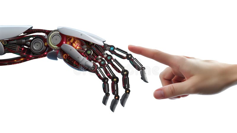 Close Up of Human Hand Pointing at Robot Arm. 3D Rendering Isolated on ...