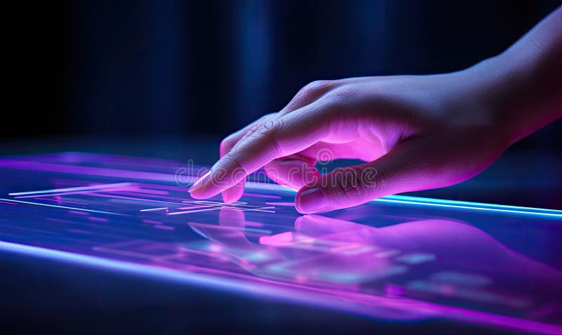 Close Up of Human Hand Pressing Virtual Button on Touch Screen Computer ...