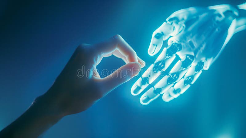 Close-up of a Human Hand Reaching Out To Touch a Robotic Hand, AI ...