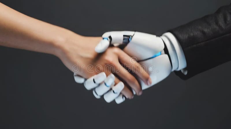 Close-up of a Human Hand Shaking Hands with a Robotic Hand, Symbolizing ...