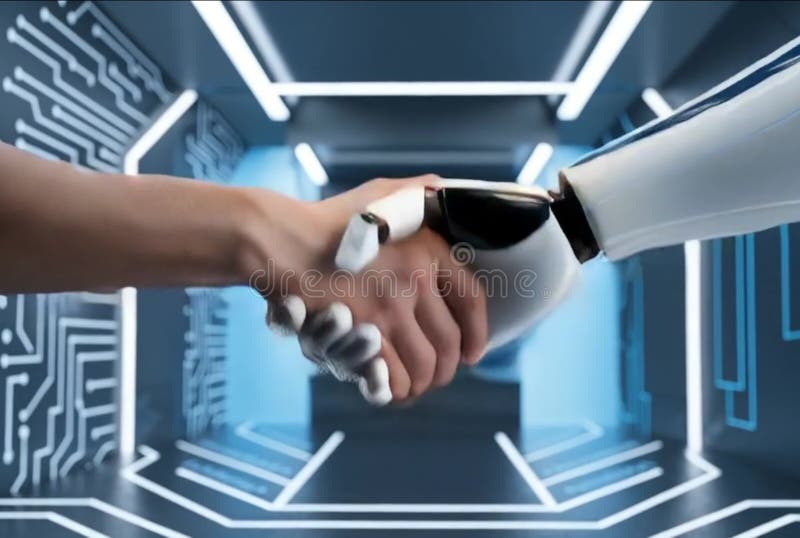Human and Robot Hand Shake in a Futuristic High-Tech World Stock ...