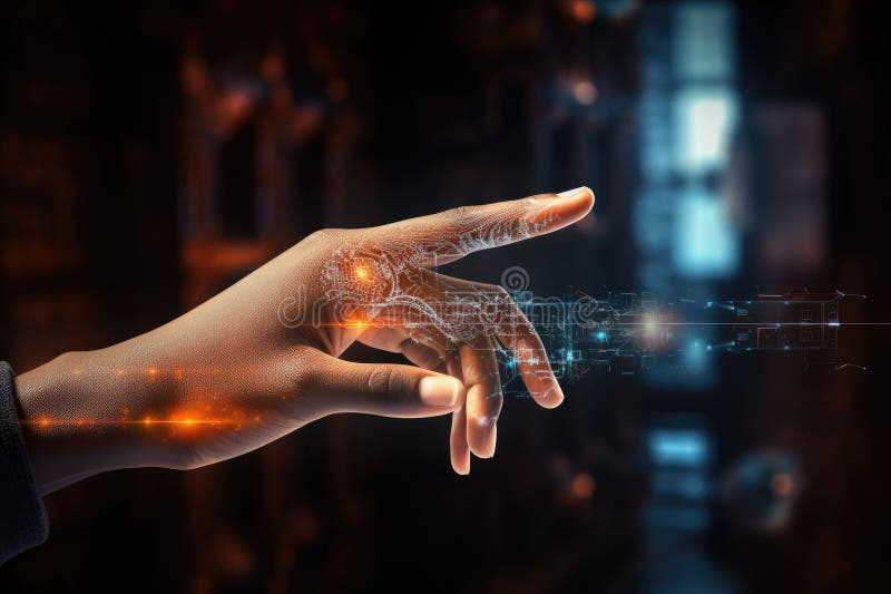 Close Up of Human Hand Touching with Finger Virtual Panel. 3d Rendering ...