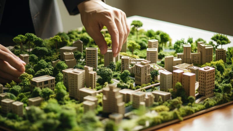 Close-up of Human Hand Touching Model of City on the Table Generative ...