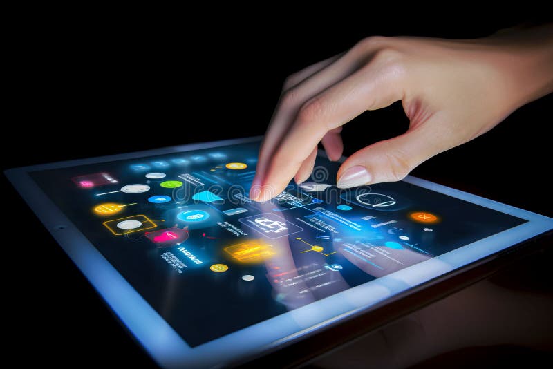 Close Up of Human Hand Touching Tablet Pc with Media Icons on Screen ...