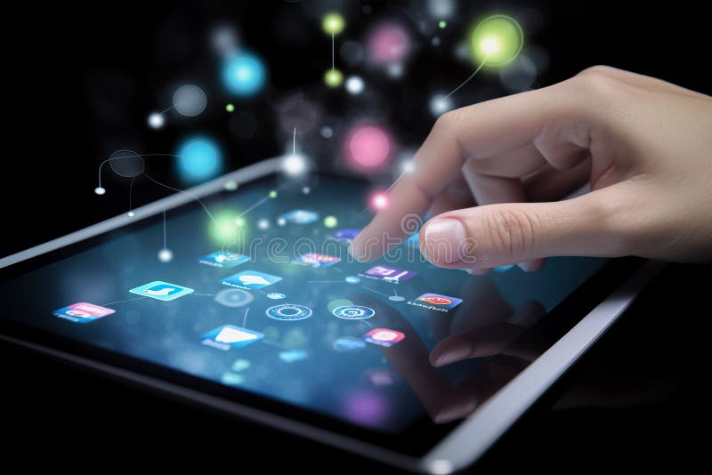Close Up of Human Hand Touching Tablet Pc with Media Icons on Screen ...