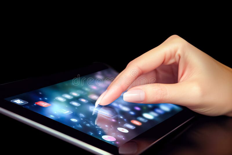 Close Up of Human Hand Touching Tablet Pc with Media Icons on Screen ...