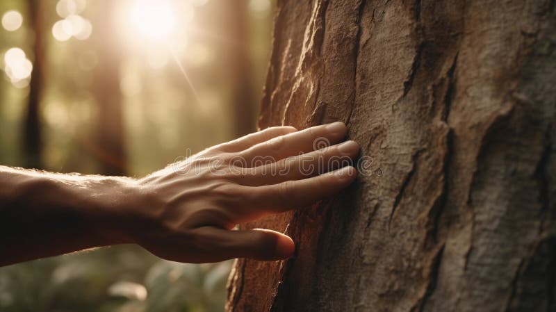 Close Up of Human Hand Touching Tree Trunk with Sunlight in Forest ...