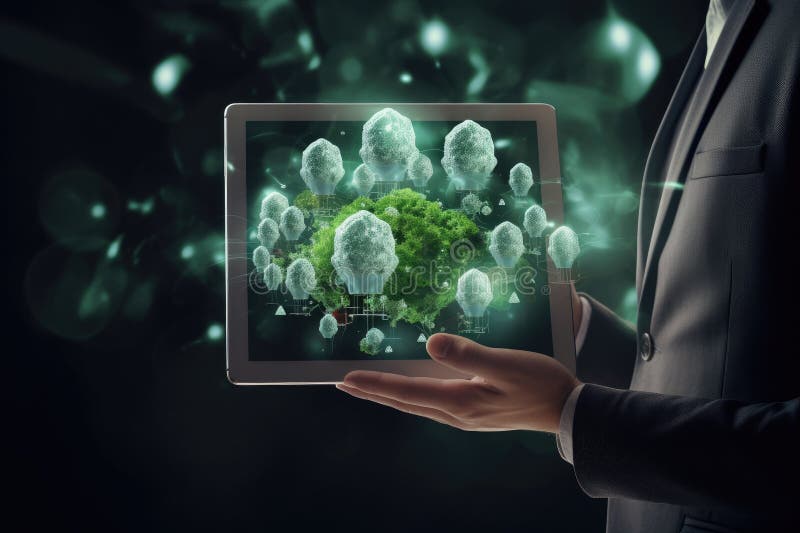 Close Up of Human Hands Holding Tablet Pc with Green Cloud Computing ...