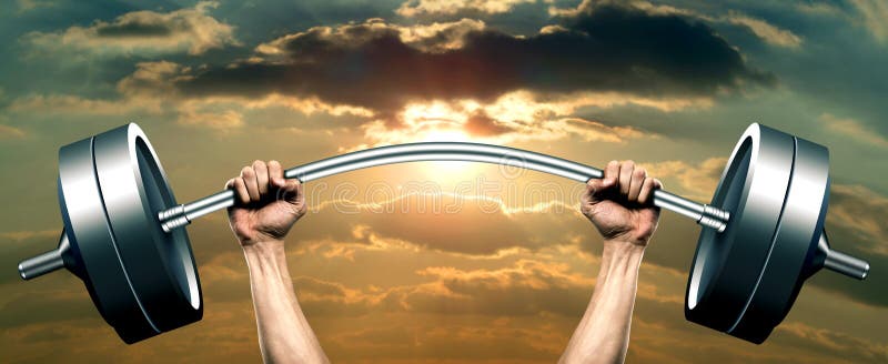 Close-up of Human Hands Lifting Up Barbell Over Sky at Sunrise. Stock ...