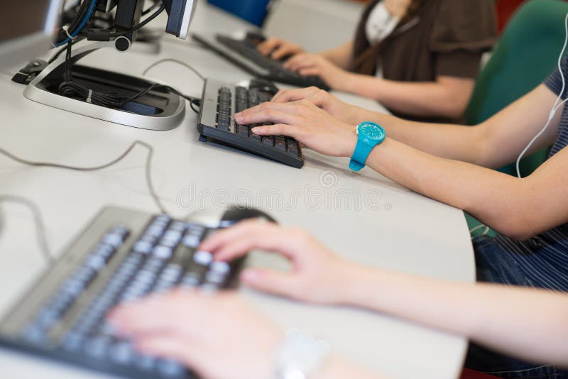 Row of Schoolchildren Studying on Computers Stock Image - Image of ...