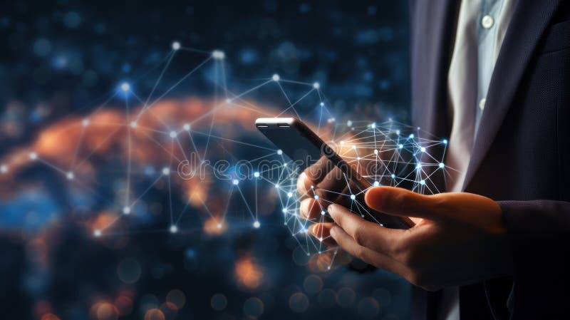 Close Up of Human Hands Using Smartphone with Glowing Network Interface ...