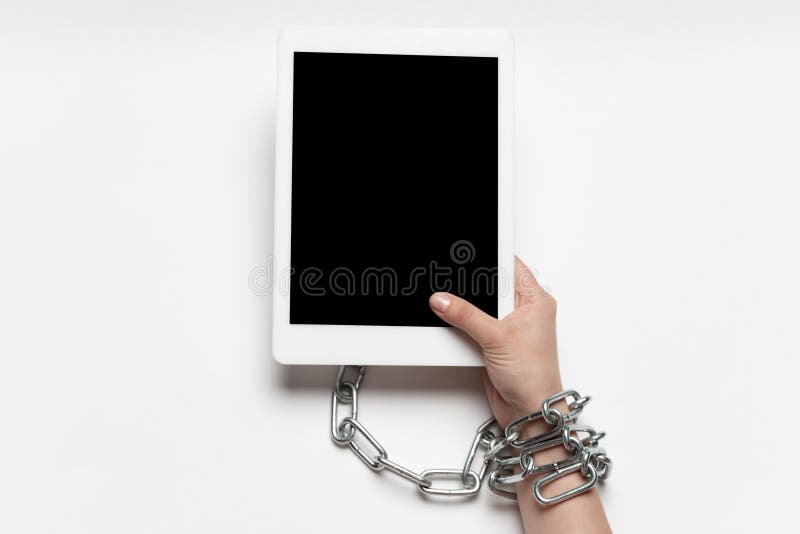 Close Up of Human Hand Using Tablet with Blank Black Screen. Tied with ...