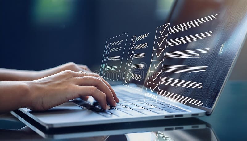 Close-up of Human Hands Working on Laptop. Digital Interface Showing ...