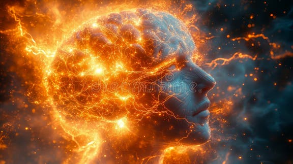 Close-up of a Human Head Surrounded by Glowing Electrical Currents and ...