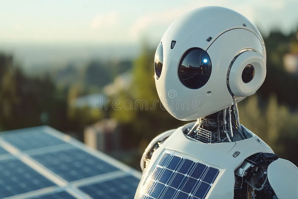 Close Up of Humanoid Artificial Intelligence Robot with Solar Panel in ...