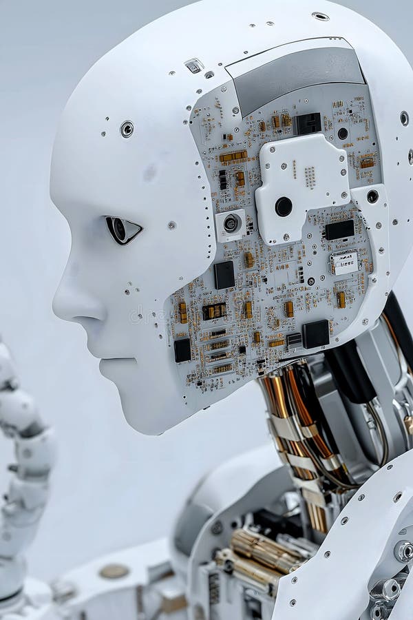 Close-up of a Humanoid Robot with Exposed Circuits and Intricate Design ...
