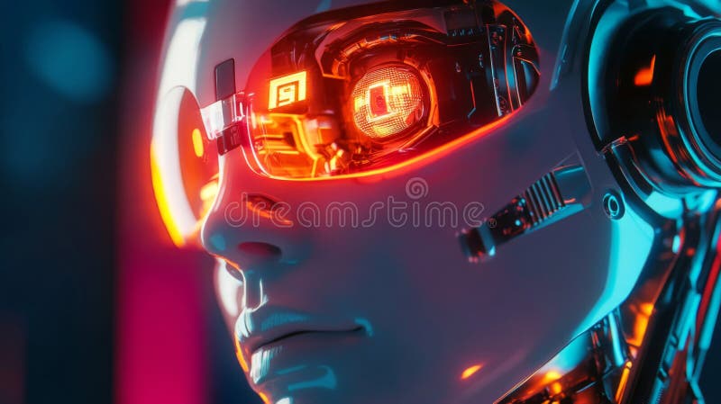 Close-up of a Humanoid Robot with Glowing Red and Blue Lights ...