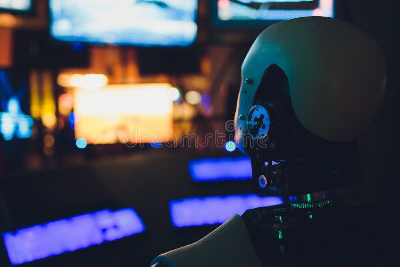 Close-up of Humanoid Robot Head with Micro-cameras Eyes on Blurred ...