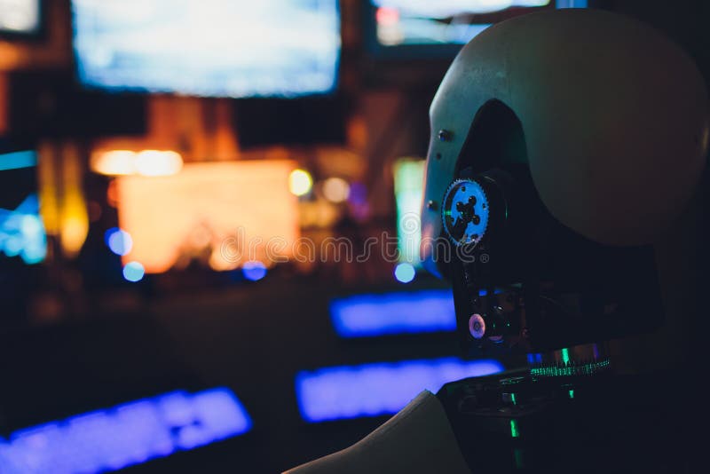 Close-up of Humanoid Robot Head with Micro-cameras Eyes on Blurred ...
