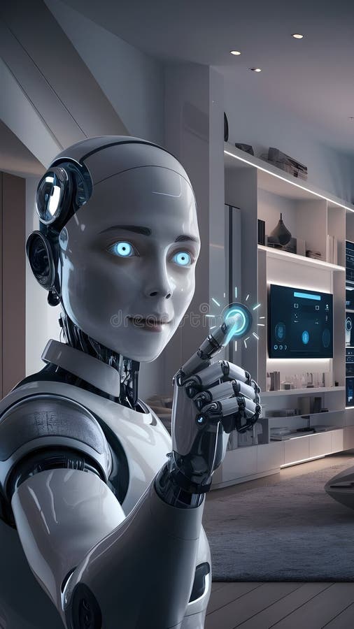 A Close-up of a Humanoid Robot Interacting with a Smart Home System ...