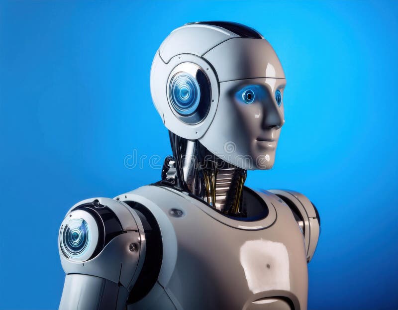 Close Up Humanoid Robot on Isolated Blue Background Stock Photo - Image ...