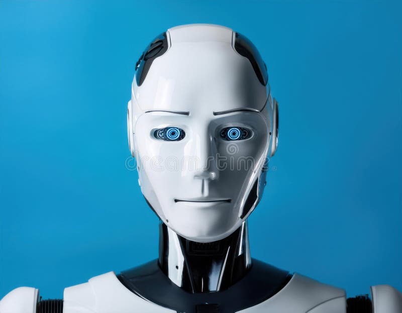 Close Up Humanoid Robot on Isolated Blue Background Stock Illustration ...