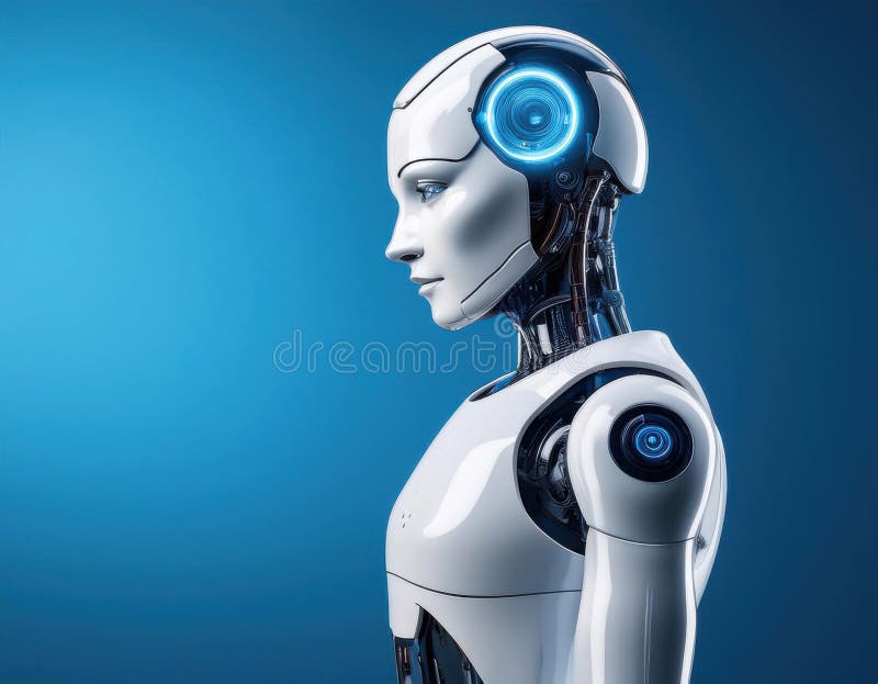 Close Up Humanoid Robot on Isolated Blue Background Stock Illustration ...