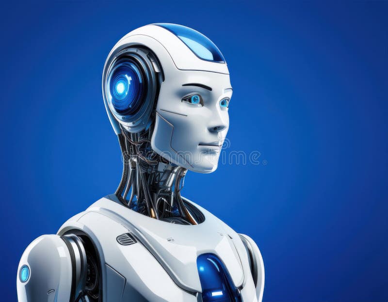 Close Up Humanoid Robot on Isolated Blue Background Stock Illustration ...