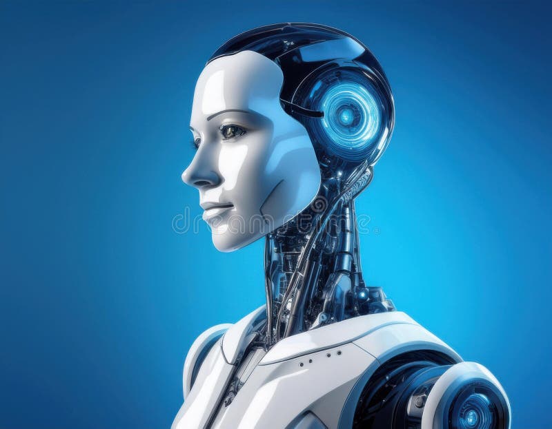 Close Up Humanoid Robot on Isolated Blue Background Stock Image - Image ...