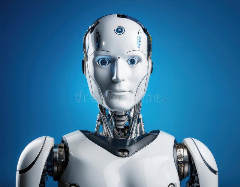 Close Up Humanoid Robot on Isolated Blue Background Stock Illustration ...