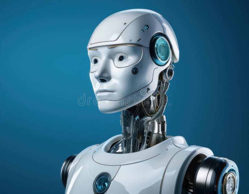 Close Up Humanoid Robot on Isolated Blue Background Stock Illustration ...